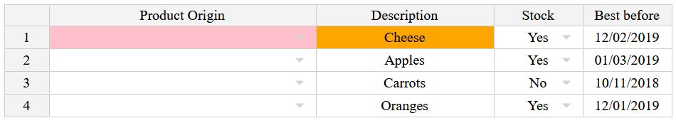 How to specify the cell to change the background color of the table header by using jexcel's ...
