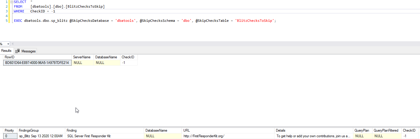 Allow CheckID -1 to be skipped in SkipChecksTable · Issue #2608 · BrentOzarULTD/SQL-Server-First ...