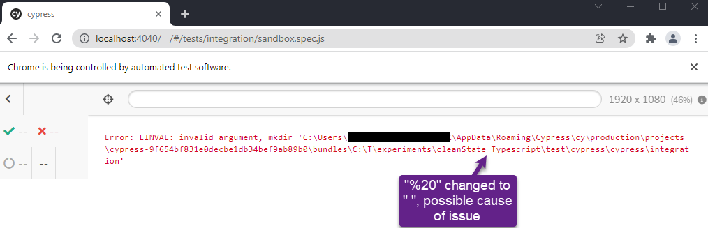 Cypress 9 2 0 Crash With Error Einval Invalid Argument Mkdir C Users When Project S