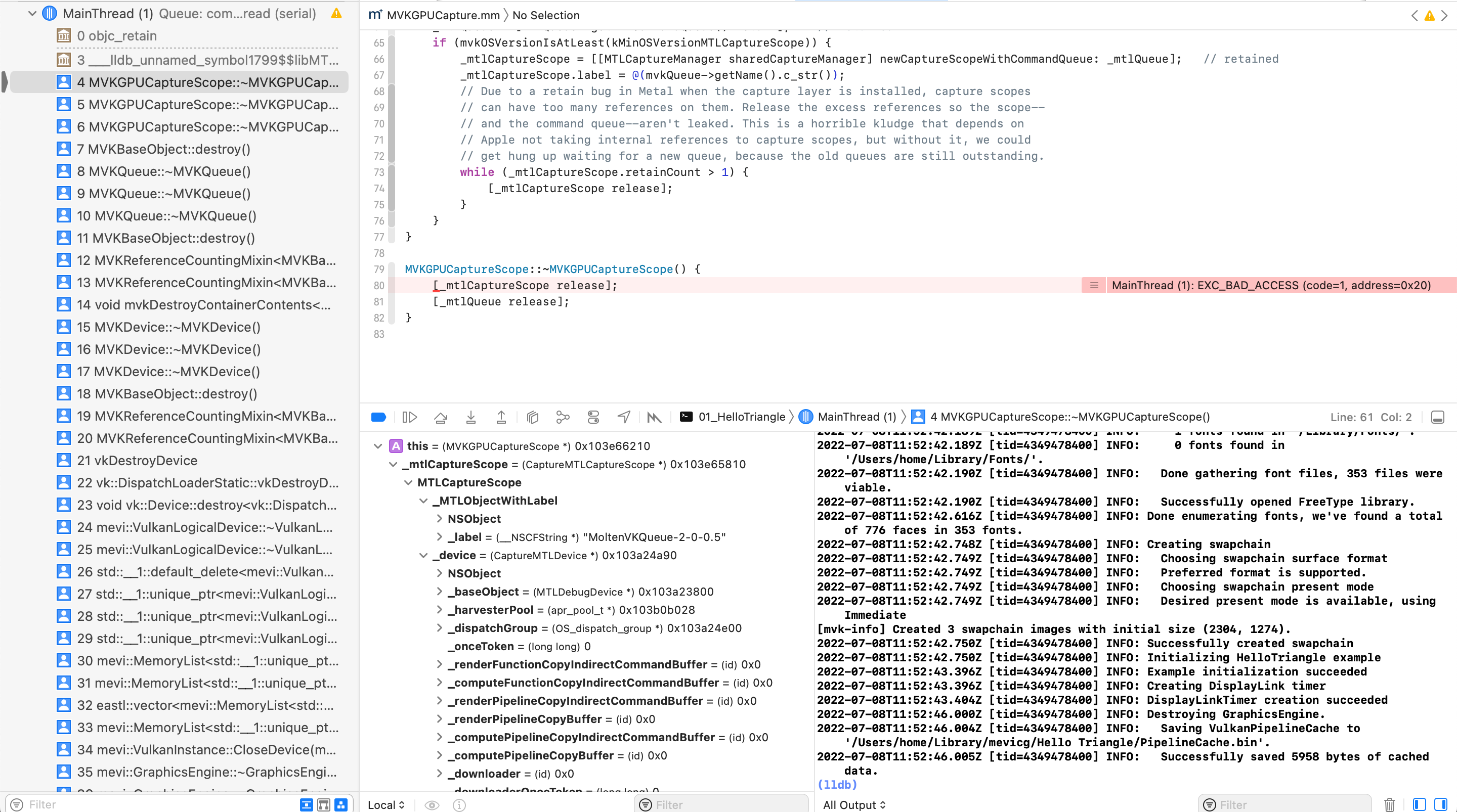 Crash in vkDestroyDevice · Issue #1633 · KhronosGroup/MoltenVK · GitHub