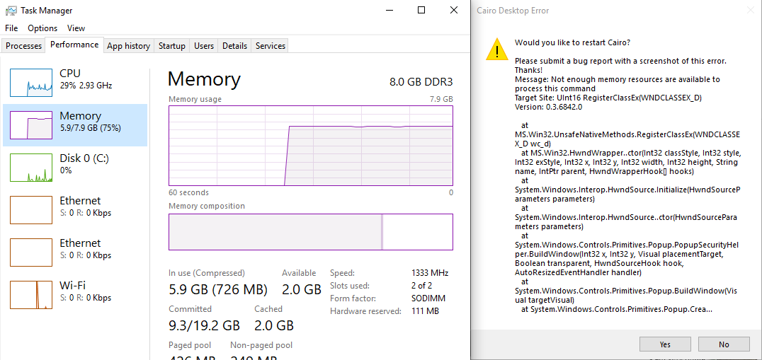 "Not Enough Memory" errors when at about 65% memory usage, and ...
