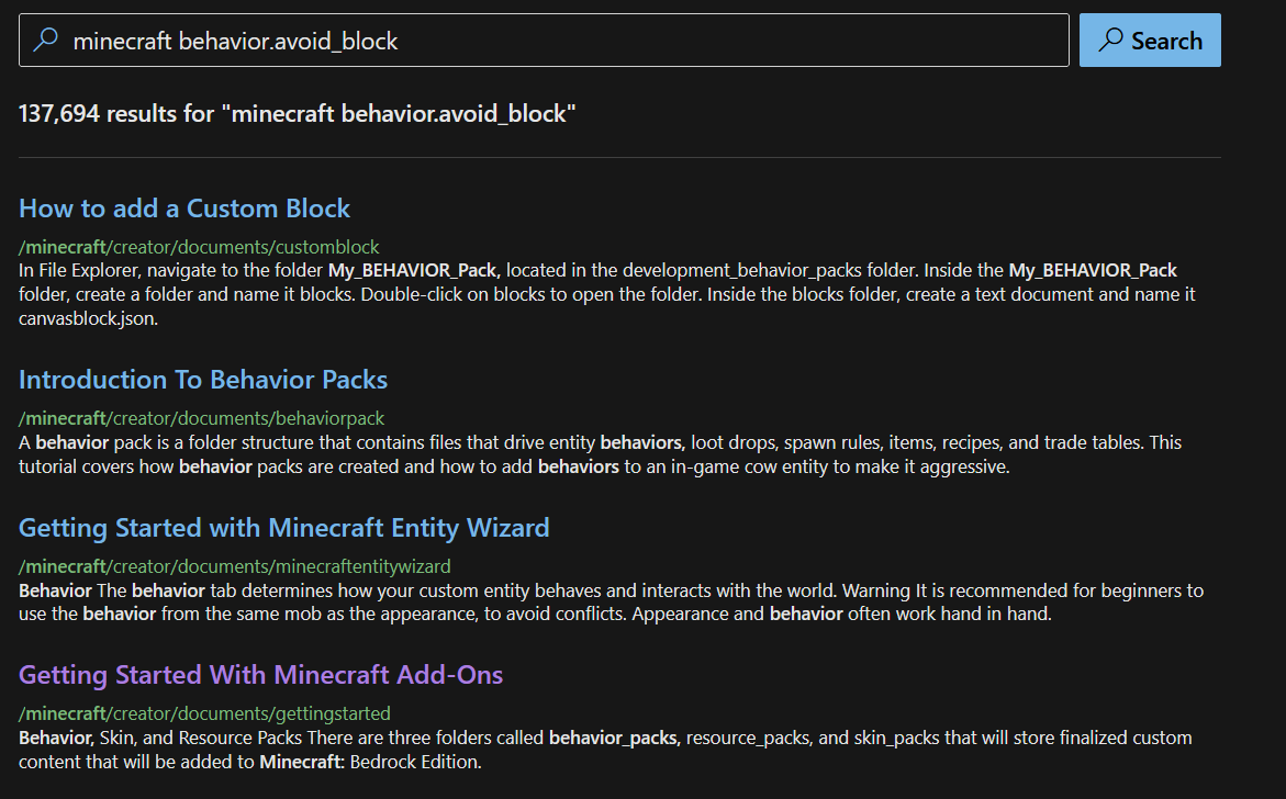 Search not finding results · Issue #310 · MicrosoftDocs/minecraft-creator · GitHub
