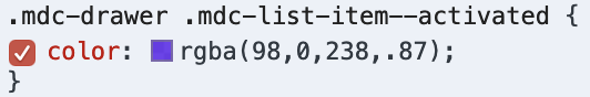 The text colour for .mdc-drawer .mdc-list-item--activated doesn't use ...