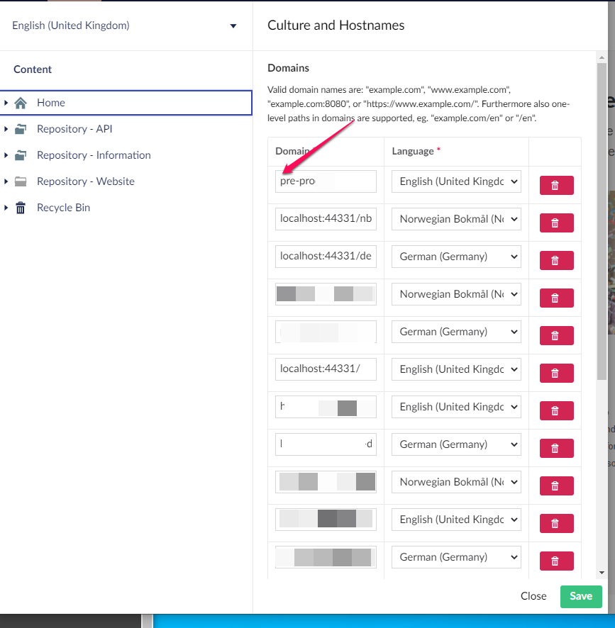 Culture and Hostnames dialog/panel closes unexpectedly when clicking inside the domain textbox ...