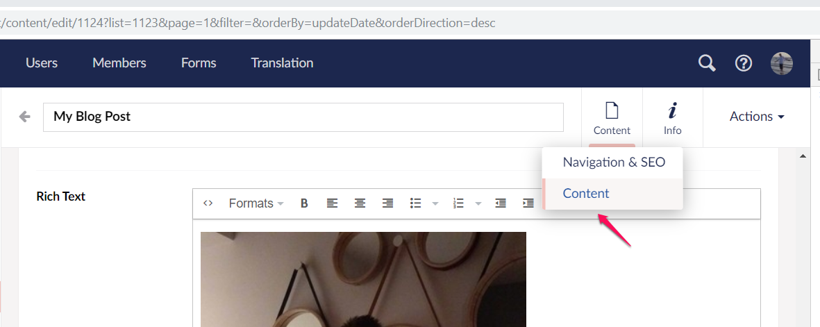 Triggering of the 'Content' Content App 'quick link' menu rollover when you try to click a ...
