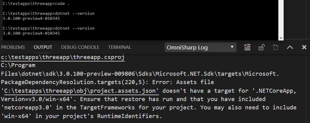 Error: Assets file doesn't have a target for '.NETCoreApp,Version=v3.0/win-x64' · Issue #1397 ...