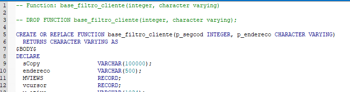 Function header and trailler missing for PostgreSQL
