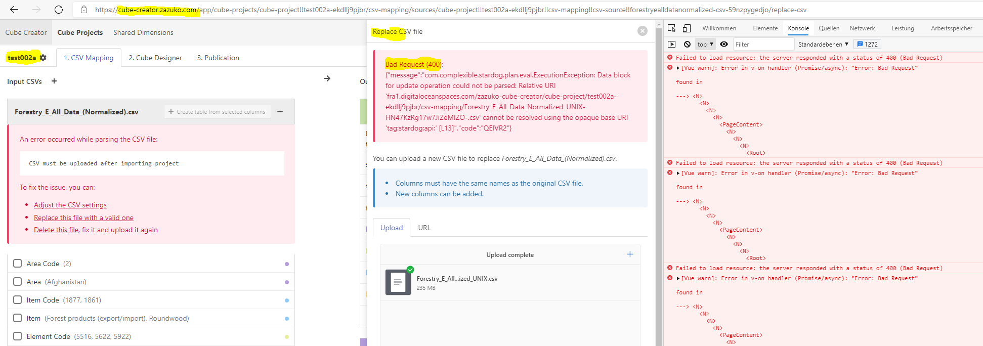 csv replace > upload fails with: 400 bad request · Issue #849 · zazuko/cube-creator · GitHub