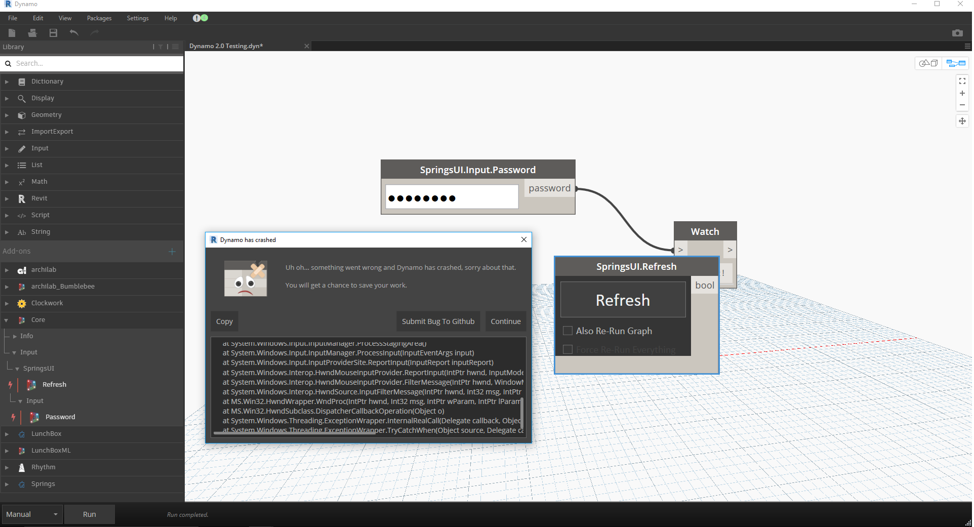 SpringsUI.Refresh Node crashes Dynamo every time · Issue #47 · dimven/SpringNodes · GitHub