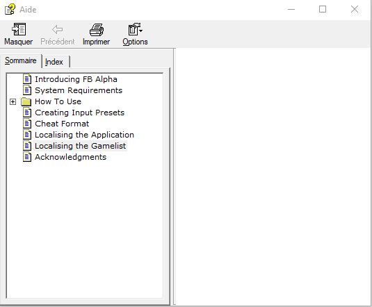 Menu "help" -> "Help" = open "fba.chm" -> summary are ok but white screen for each summary ...