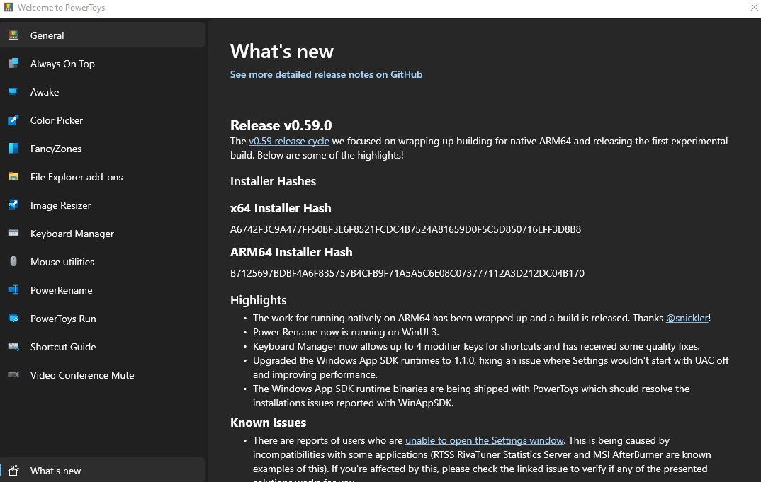 [OOBE]Installer hashes are showing in the What's New page. · Issue #18788 · microsoft/PowerToys ...