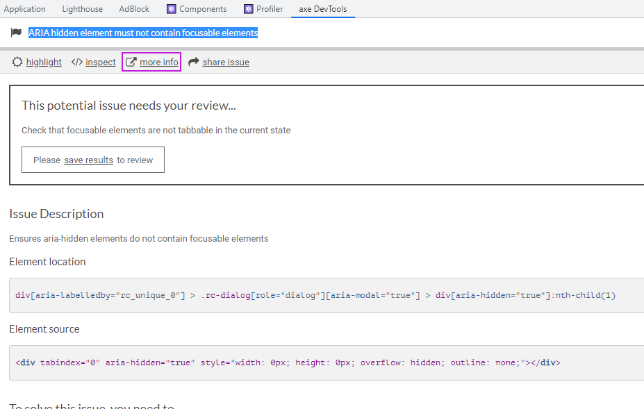 Accessibility error: ARIA hidden element must not contain focusable ... Accessibility error: ARIA hidden element must not contain focusable ...