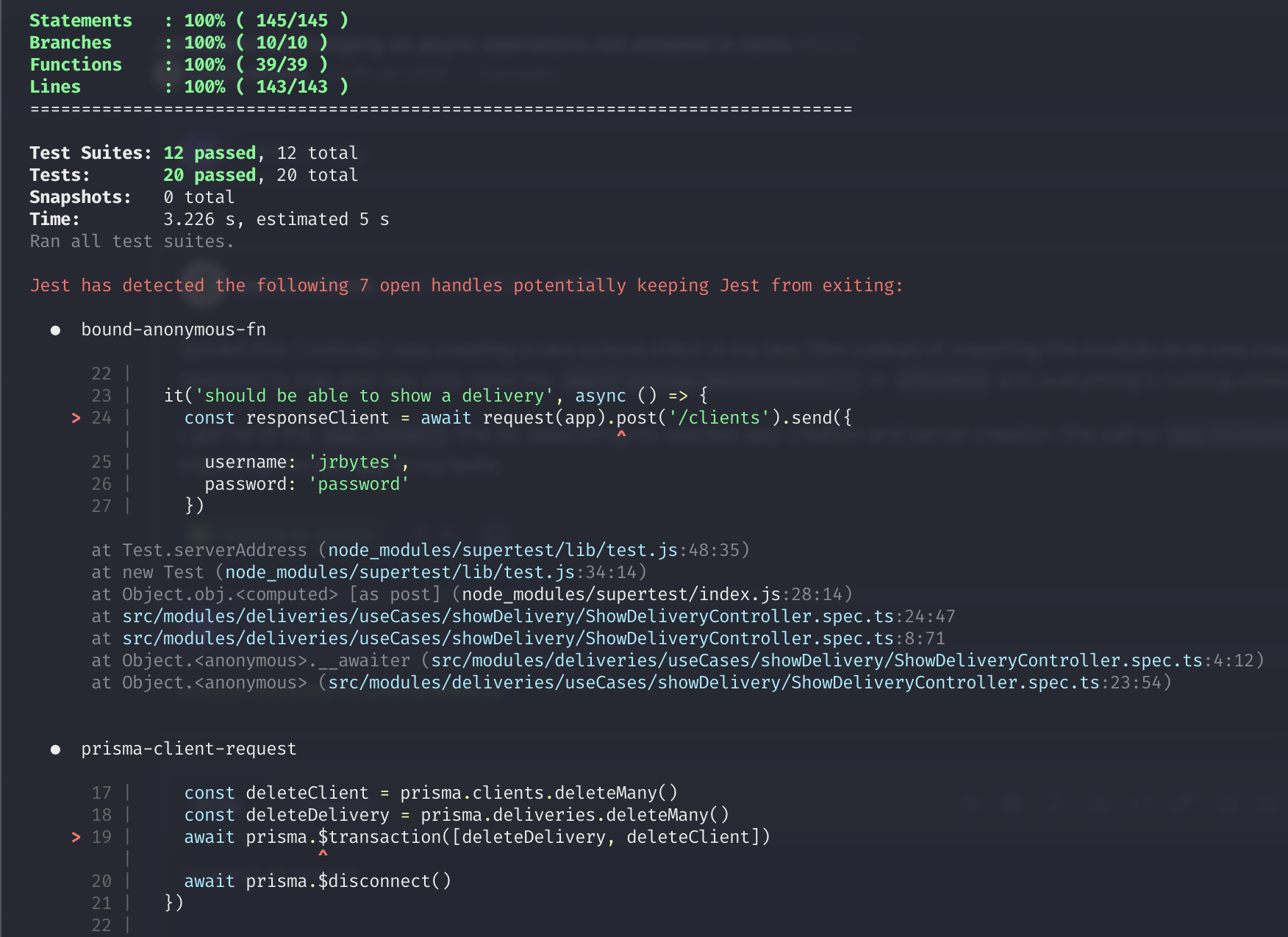 Jest/supertest hanging on async operations not stopped in tests ...