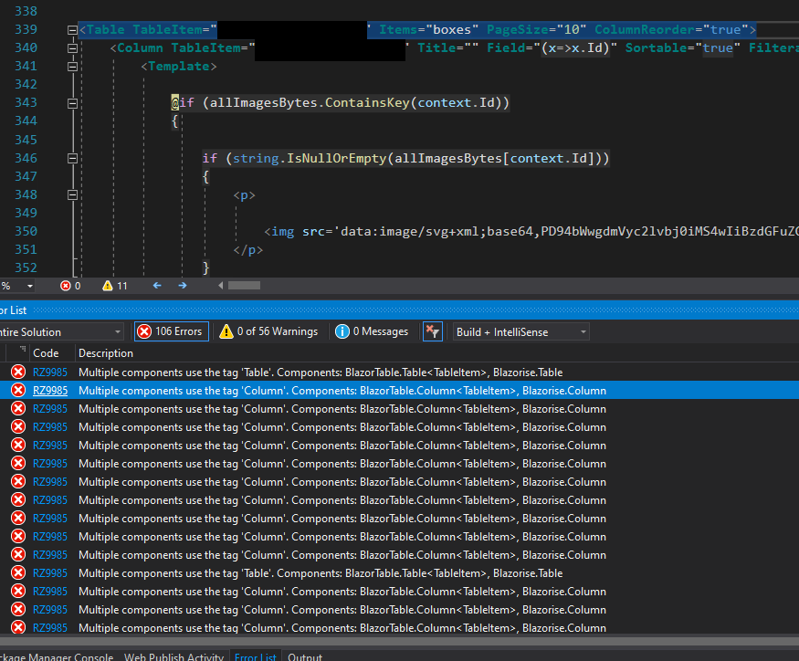 Blazorise Table - Multiple components use the tag 'Column'. Components: BlazorTable.Column ...