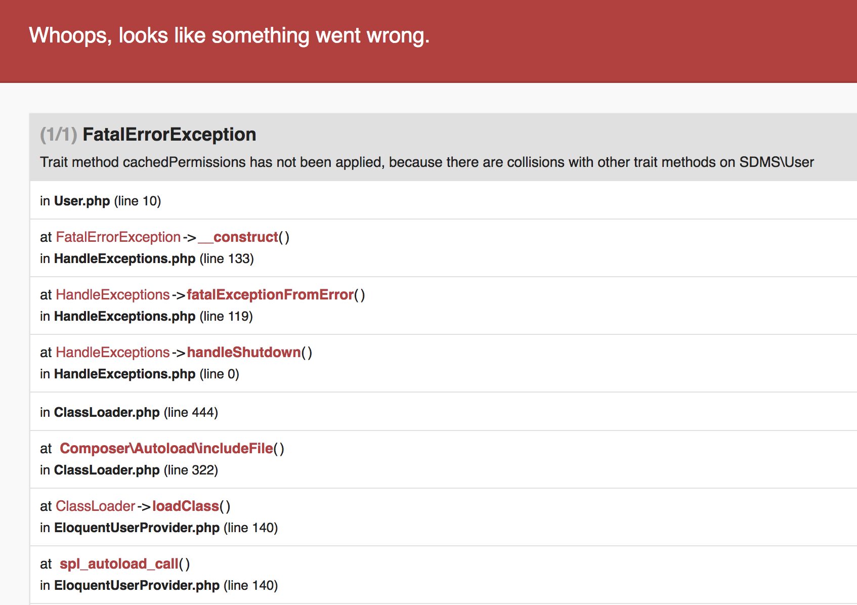 Trait method cachedPermissions has not been applied, because there are collisions with other ...