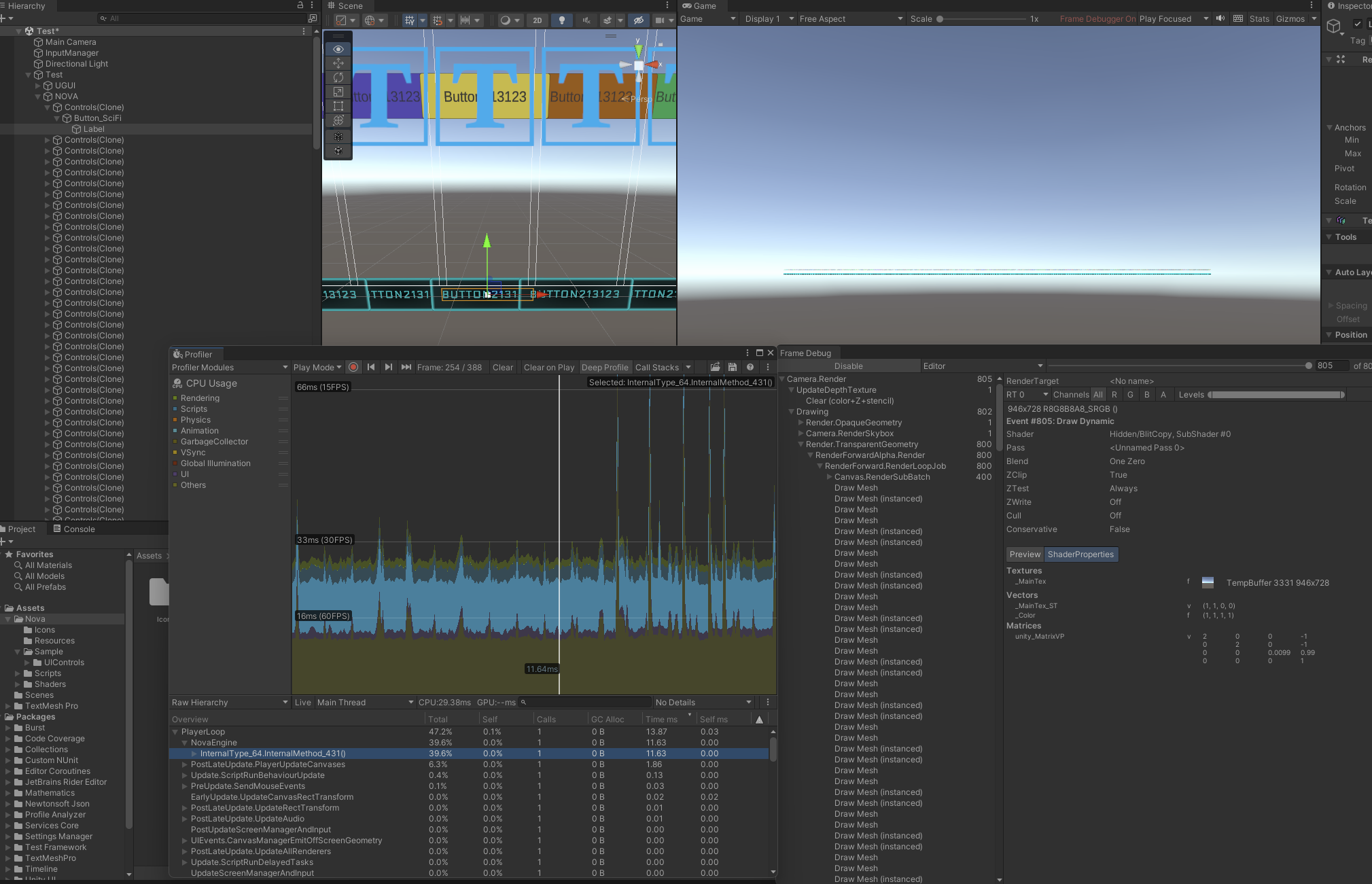 Novaui Performance For Constantly Moving World Space Uis Compared To Ugui · Novaui Unity 