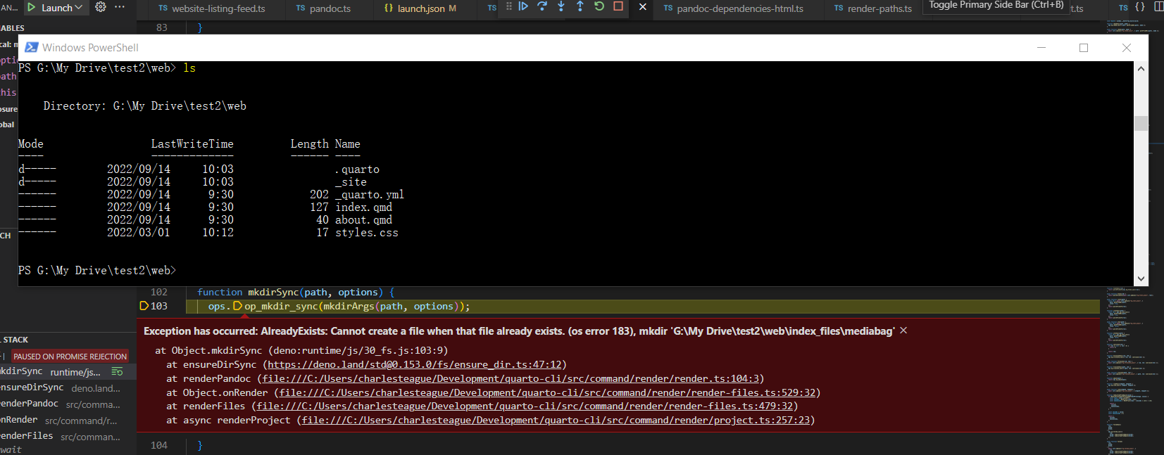 ERROR: AlreadyExists: (os error 183), mkdir 'H:\My Drive\...\site_libs\quarto-nav' on Google ...