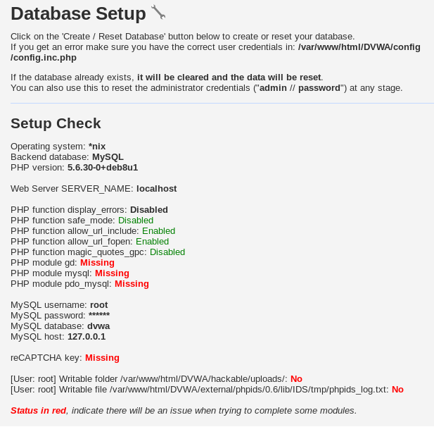 Blank page when Create / Reset Database · Issue #183 · digininja/DVWA · GitHub