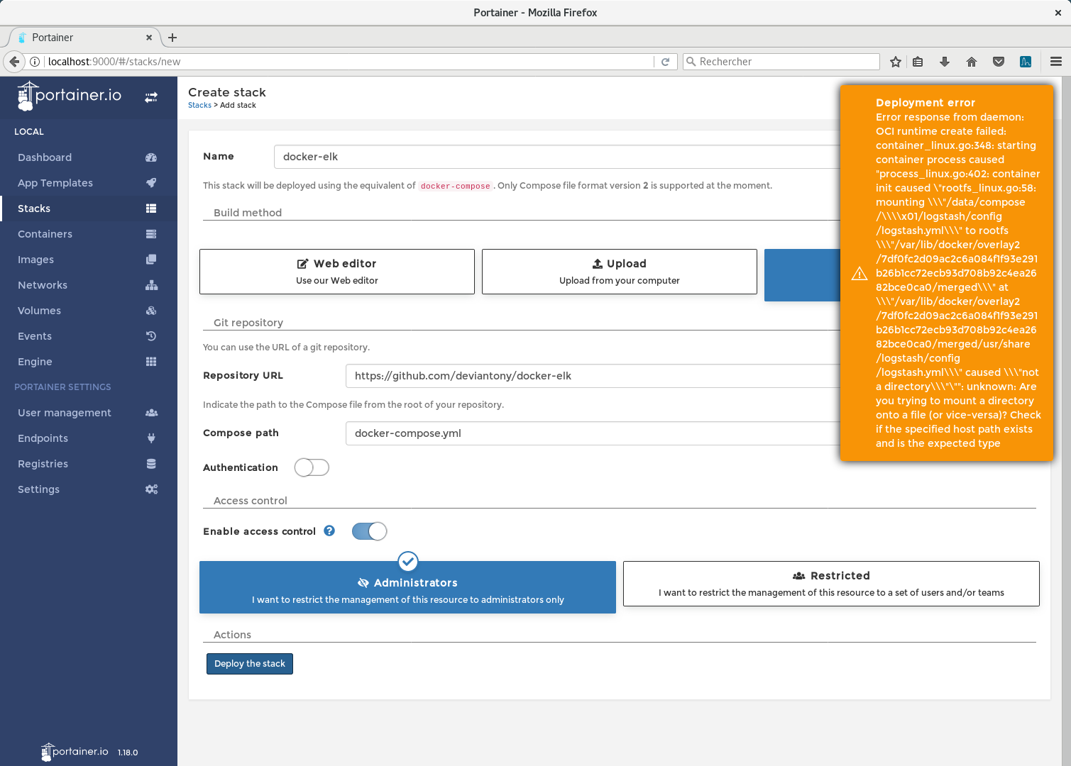 Stack deployment failed with deviantony/docker-elk · Issue #1996 · portainer/portainer · GitHub