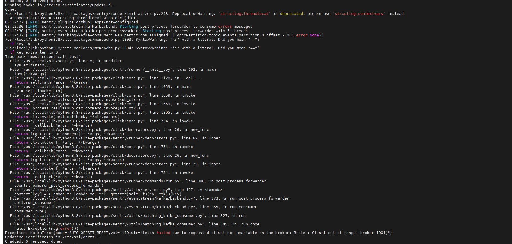 Container sentry-self-hosted-post-process-forwarder-1 restarting after Kafka issue · Issue #1863 ...