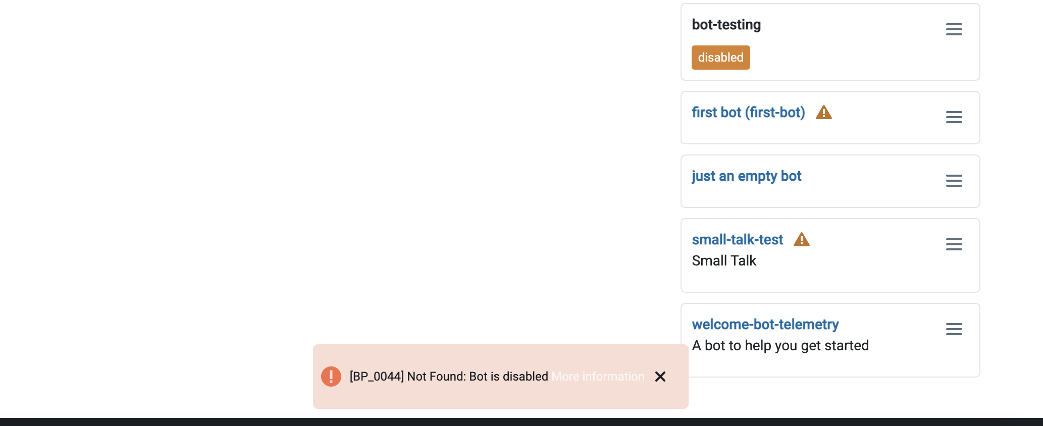 "[BP_0044] Not Found: Bot is disabled" is always thrown when there is a disabled bot · Issue ...