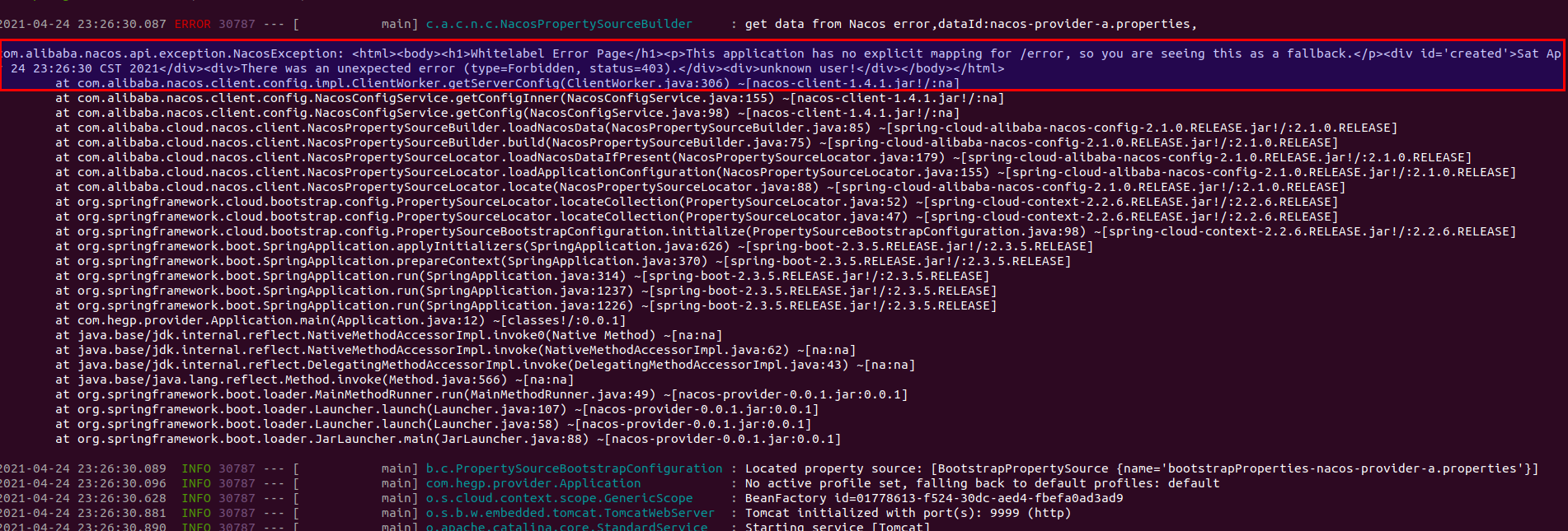 com.alibaba.nacos.api.exception.NacosException: Whitelabel Error Page, This application has no ...