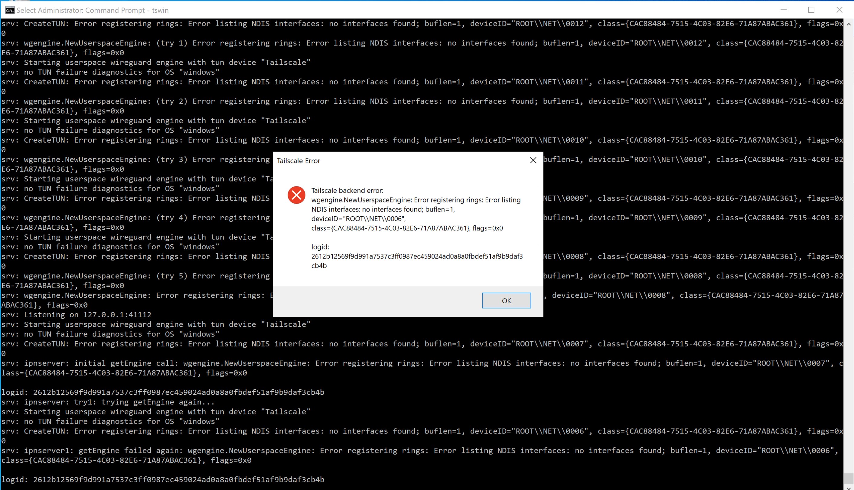 windows: CreateTUN: Error registering rings: Error listing NDIS interfaces: no interfaces found ...