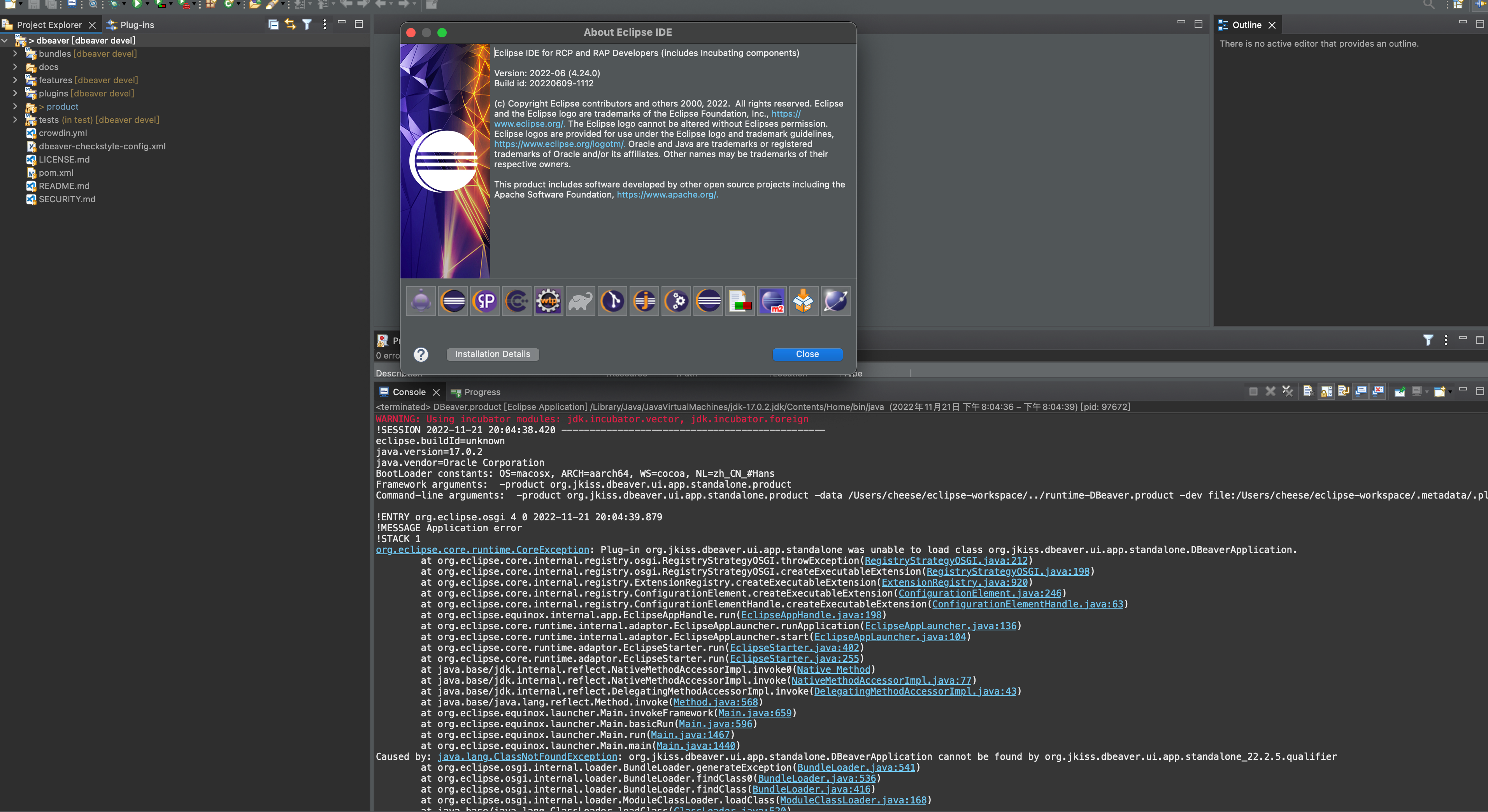 Debug in Eclipse occurred error ClassNotFoundException: org.jkiss.dbeaver.ui.app.standalone ...