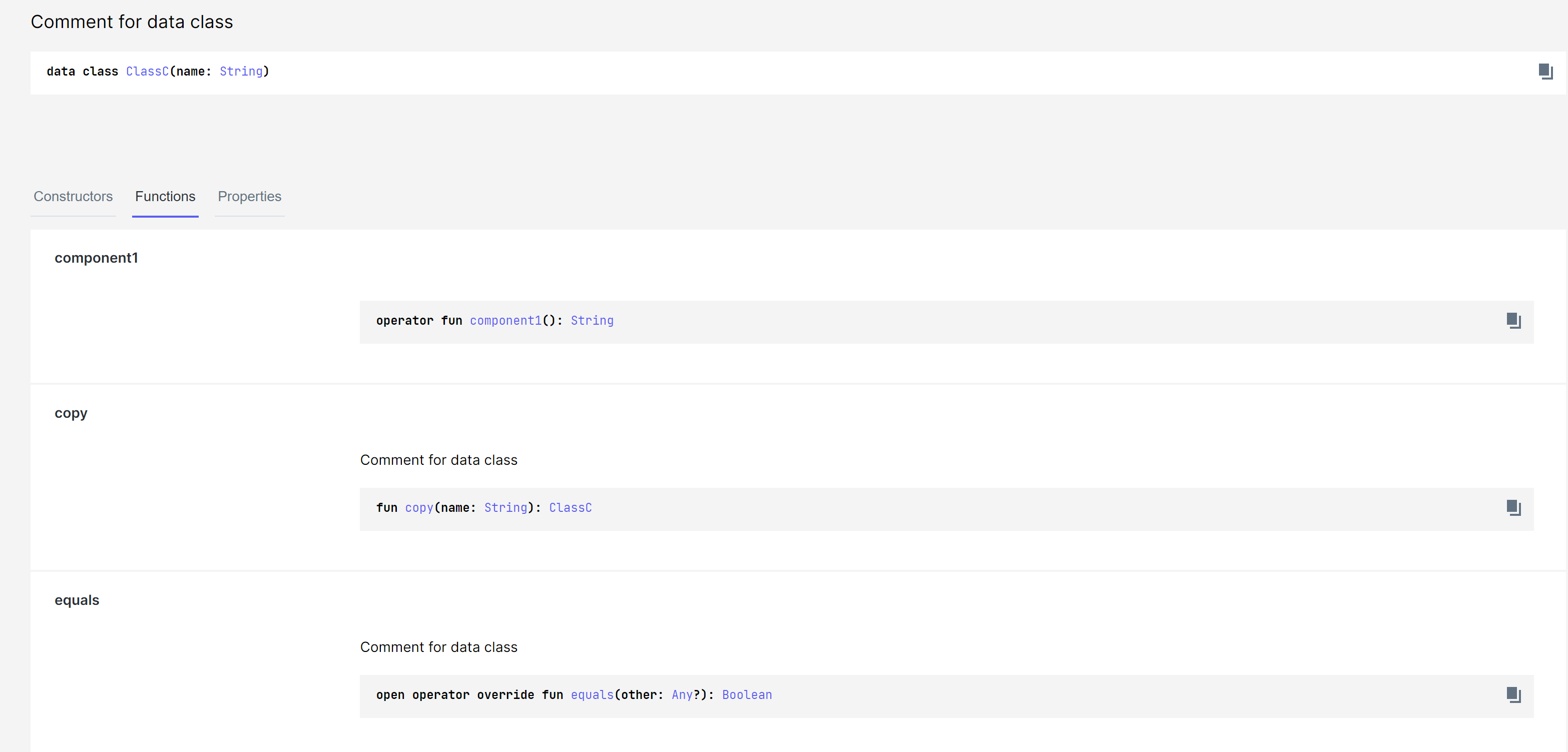 Comment for data class is displayed for each its default method · Issue #1162 · Kotlin/dokka ...