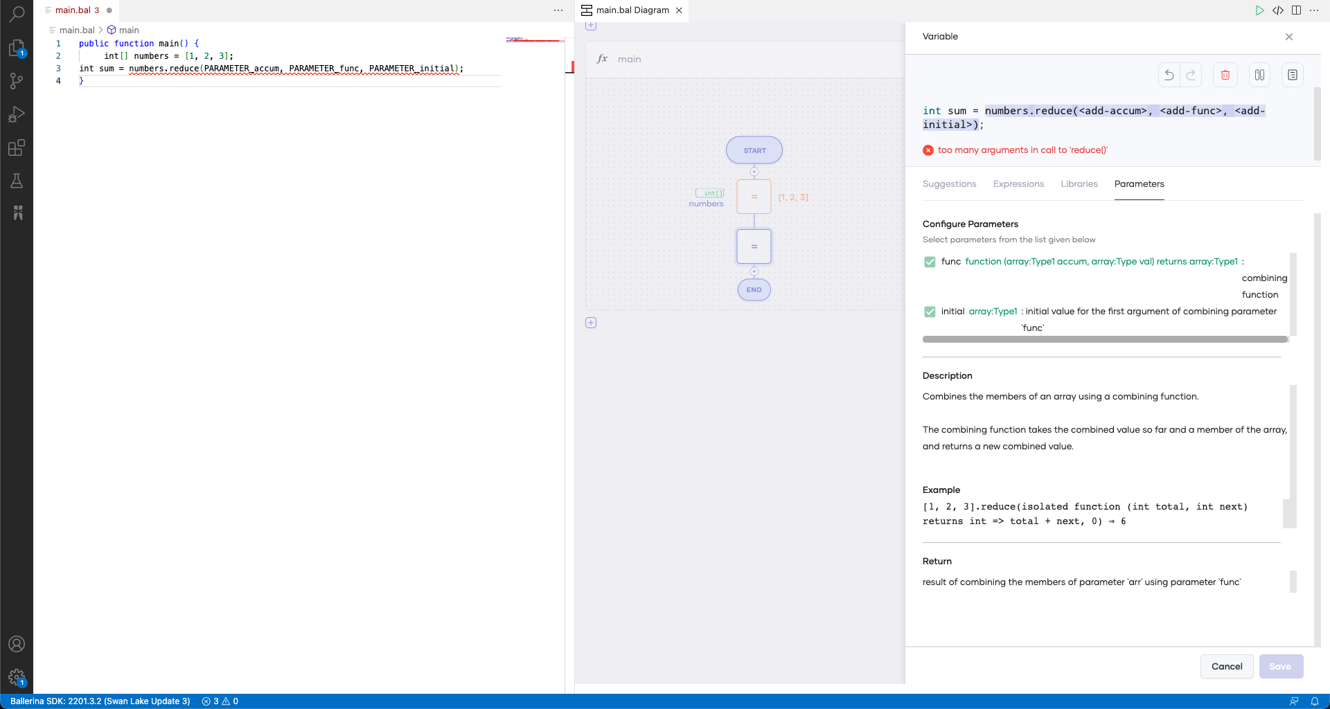 [Statement Editor] `reduce()` array function template is having invalid number of arguments ...