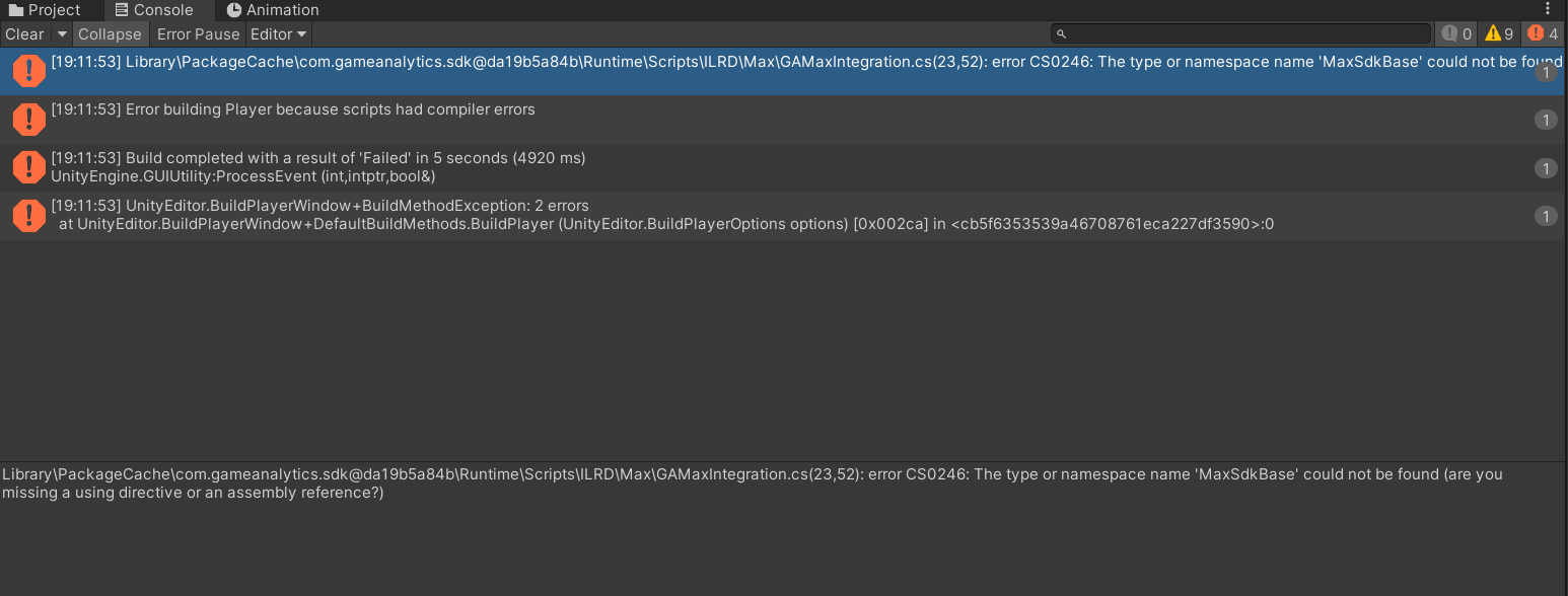 Build error. GAMaxIntegration.cs. The type or namespace name 'MaxSdkBase' could not be found ...