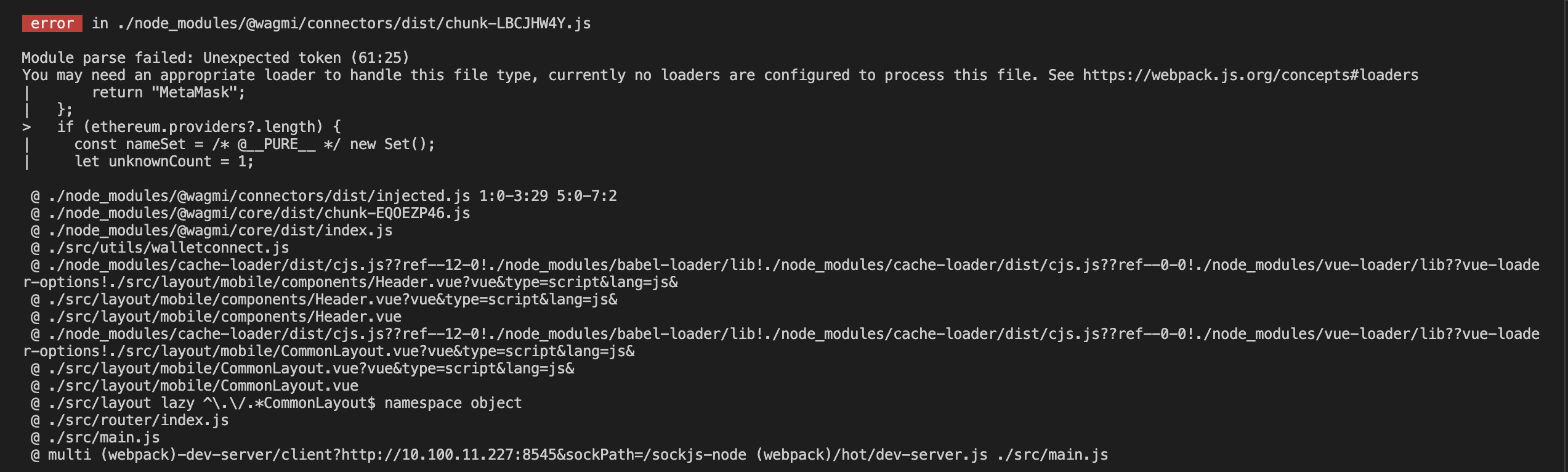 error in ./node_modules/@wagmi/connectors/dist/chunk-LBCJHW4Y.jsbug: · Issue #1617 · wevm/wagmi ...