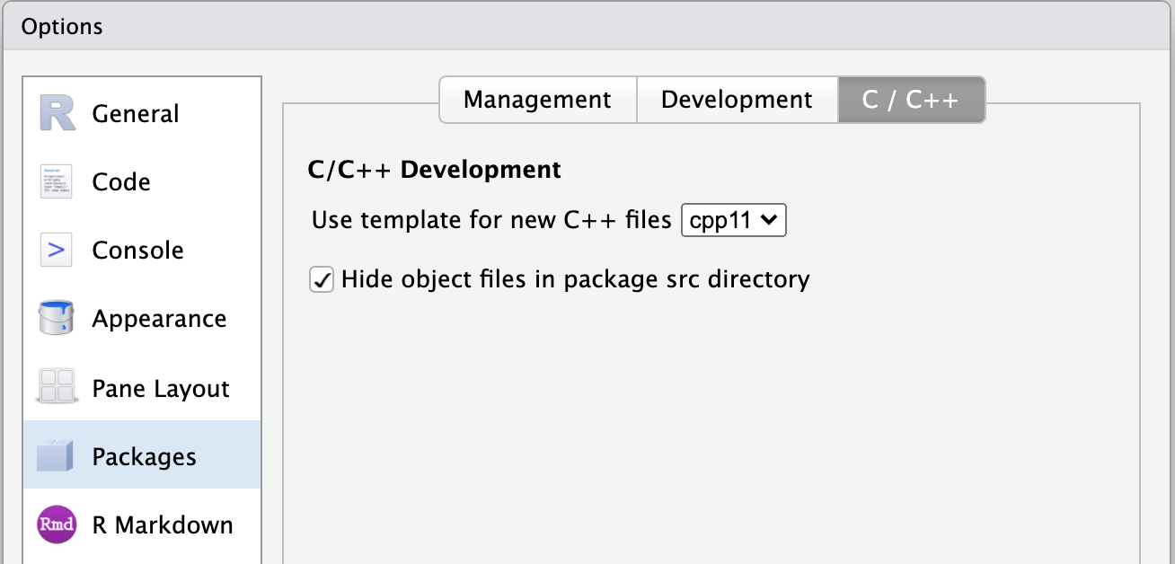 Factor out C++ specific options in `Options > Packages > C / C++` by ...