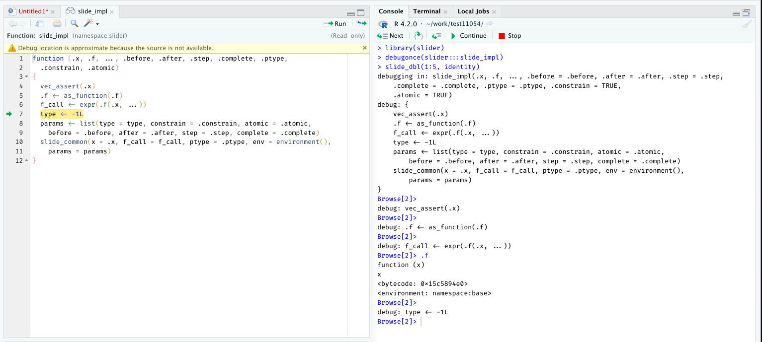`debugonce()` "loses focus" on file after printing out local variable ...