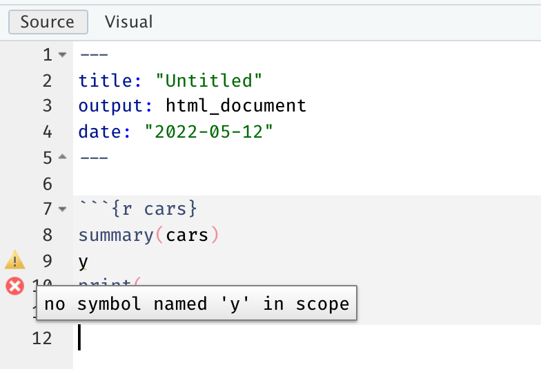 Diagnostic Information Showing Up At The Time Of R Markdown Instead Of Next To Line With Problem 