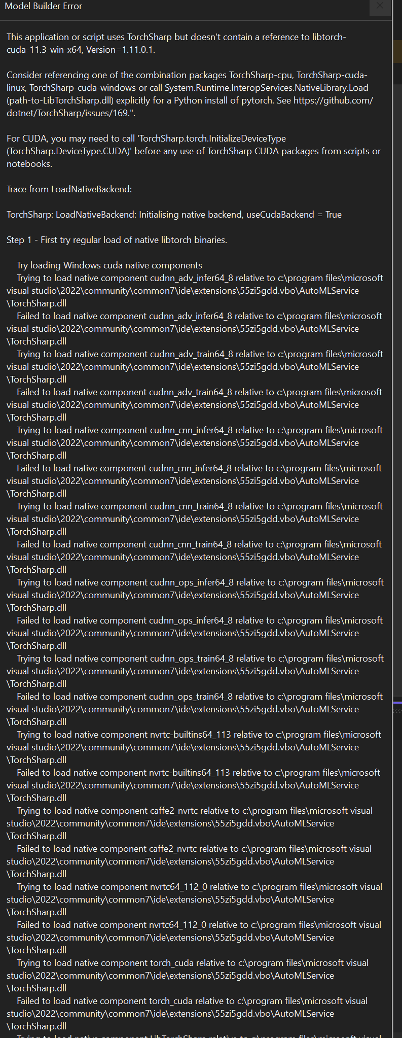 Text Classification Console Codegen - DllNotFoundException: Unable to load DLL 'LibTorchSharp ...