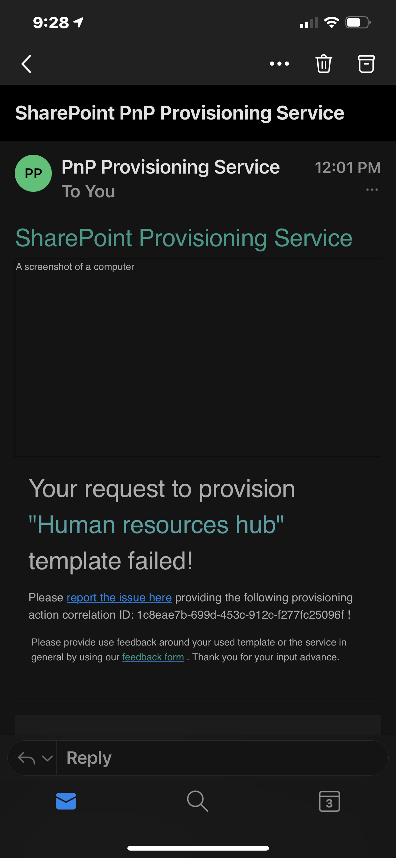 Your request to provision “Human resources hub” template failed! Correlation ID: 1c8eae7b-699d ...