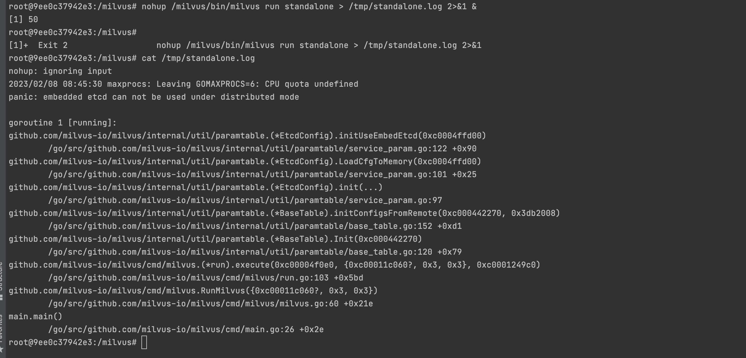 Bug Milvus Standalone Panics When Running With `eembed True` · Issue 22065 · Milvus 