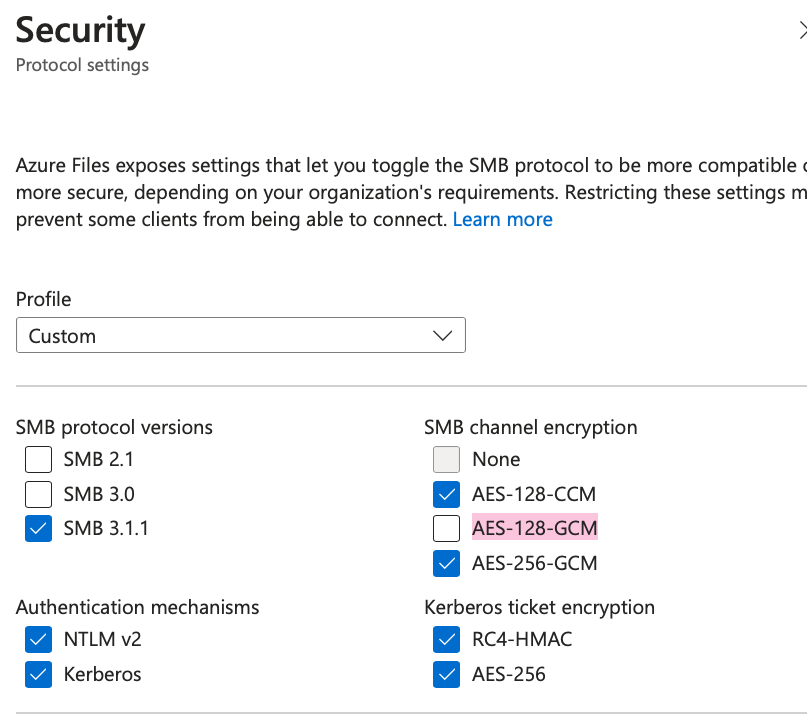 Container apps cannot mount Azurefile storage unless AES-128-GCM is used in security protocol ...