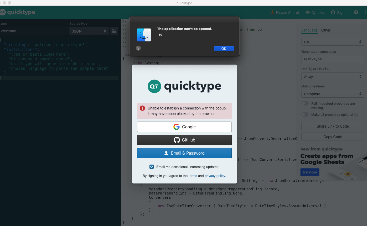 Cannot Sign In Mac 50 Error · Issue 1374 · Glideapps Quicktype · Github