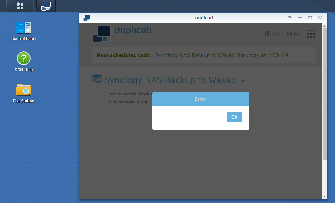 Blank "Error" Dialogue Box Appears the First Time You Launch Duplicati on Synology After a ...