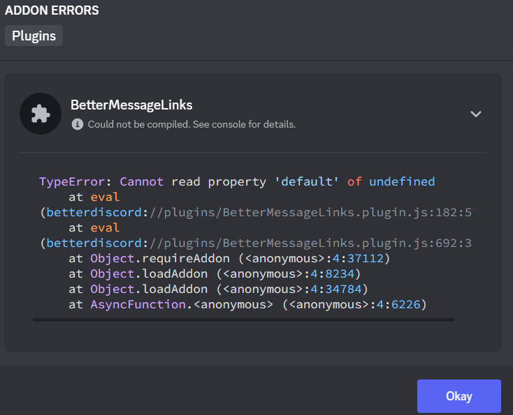BetterMessageLinks could not be compiled · Issue #21 · TheGreenPig/BetterDiscordPlugins · GitHub