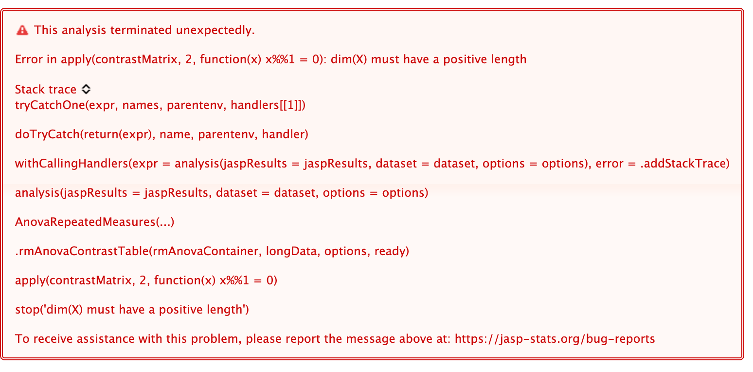 [Bug]: Repeated Measures- Contrast table must have a positive length of dim · Issue #1936 · jasp ...