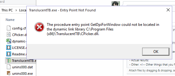 Entry Point Not Found GetDpiForWindow · Issue #267 · TranslucentTB/TranslucentTB · GitHub