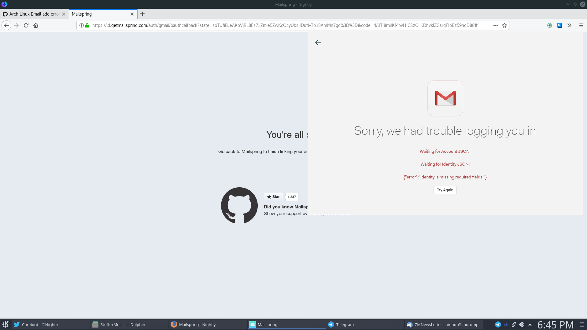 Arch Linux Email add error even after Update · Issue #125 · Foundry376/Mailspring · GitHub