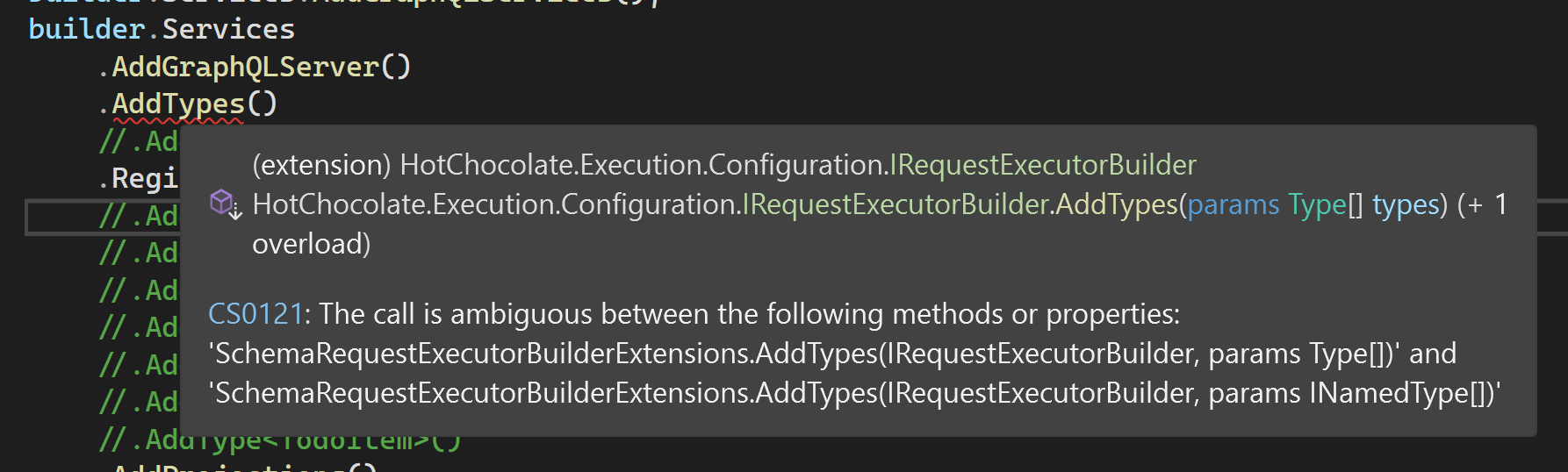 Ambiguous Call to AddTypes() · Issue #5935 · ChilliCream/graphql-platform · GitHub