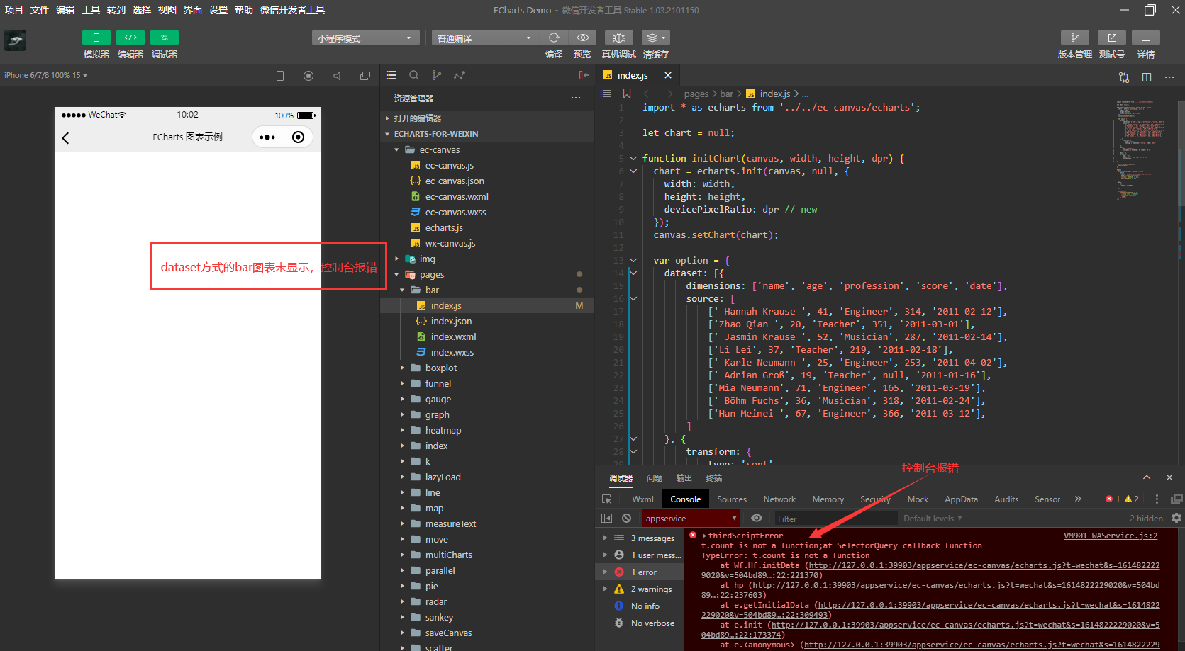 【请重视】经反复测试，图表的配置option不支持dataset方式，使用dataset方式将报错 · Issue #786 · ecomfe/echarts-for-weixin · GitHub