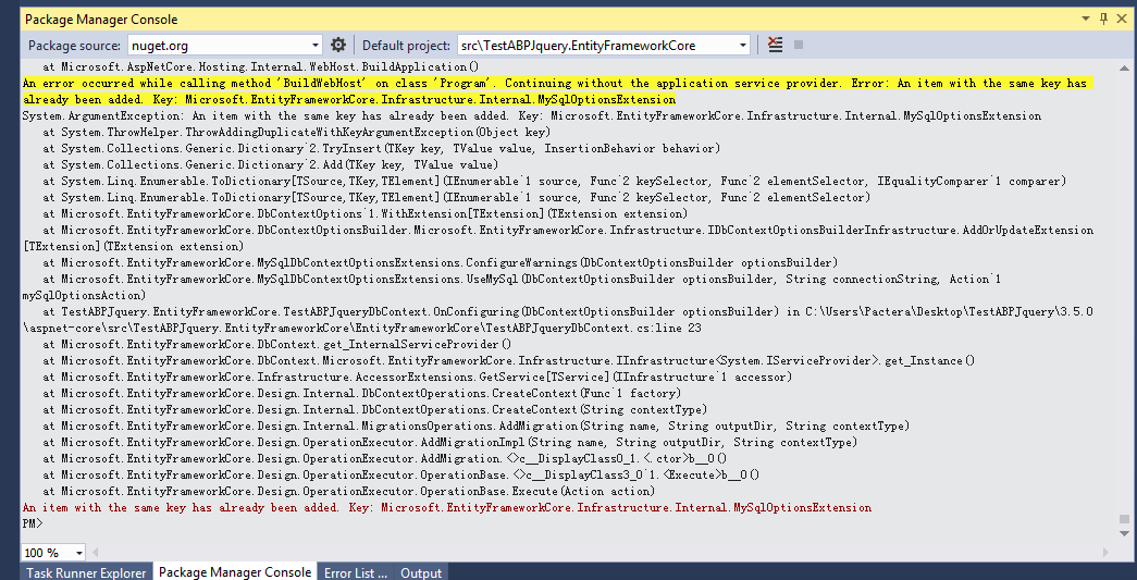 An item with the same key has already been added. Key: Microsoft.EntityFrameworkCore ...