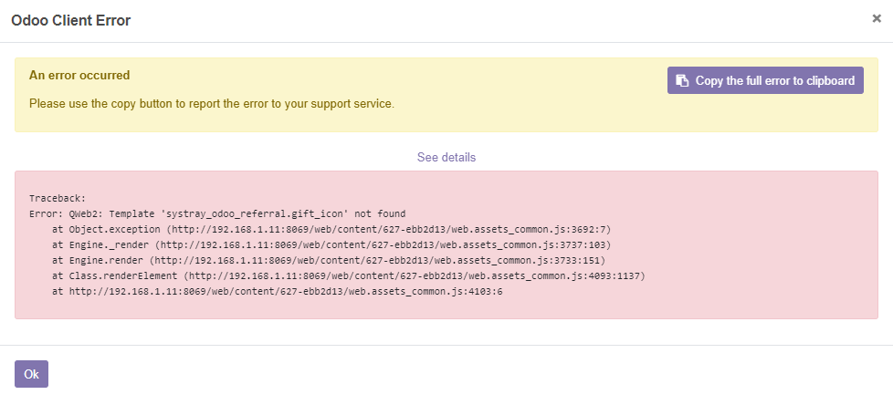 Error: QWeb2: Template 'systray_odoo_referral.gift_icon' not found · Issue #61221 · odoo/odoo ...