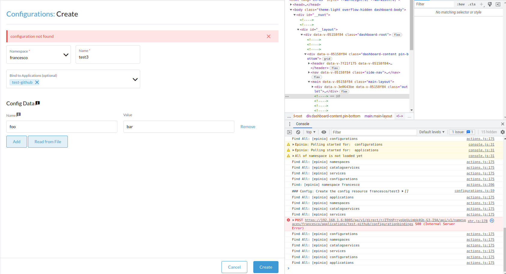 [UI] Get a 500 error in creating new Configuration · Issue #206 · epinio/ui · GitHub